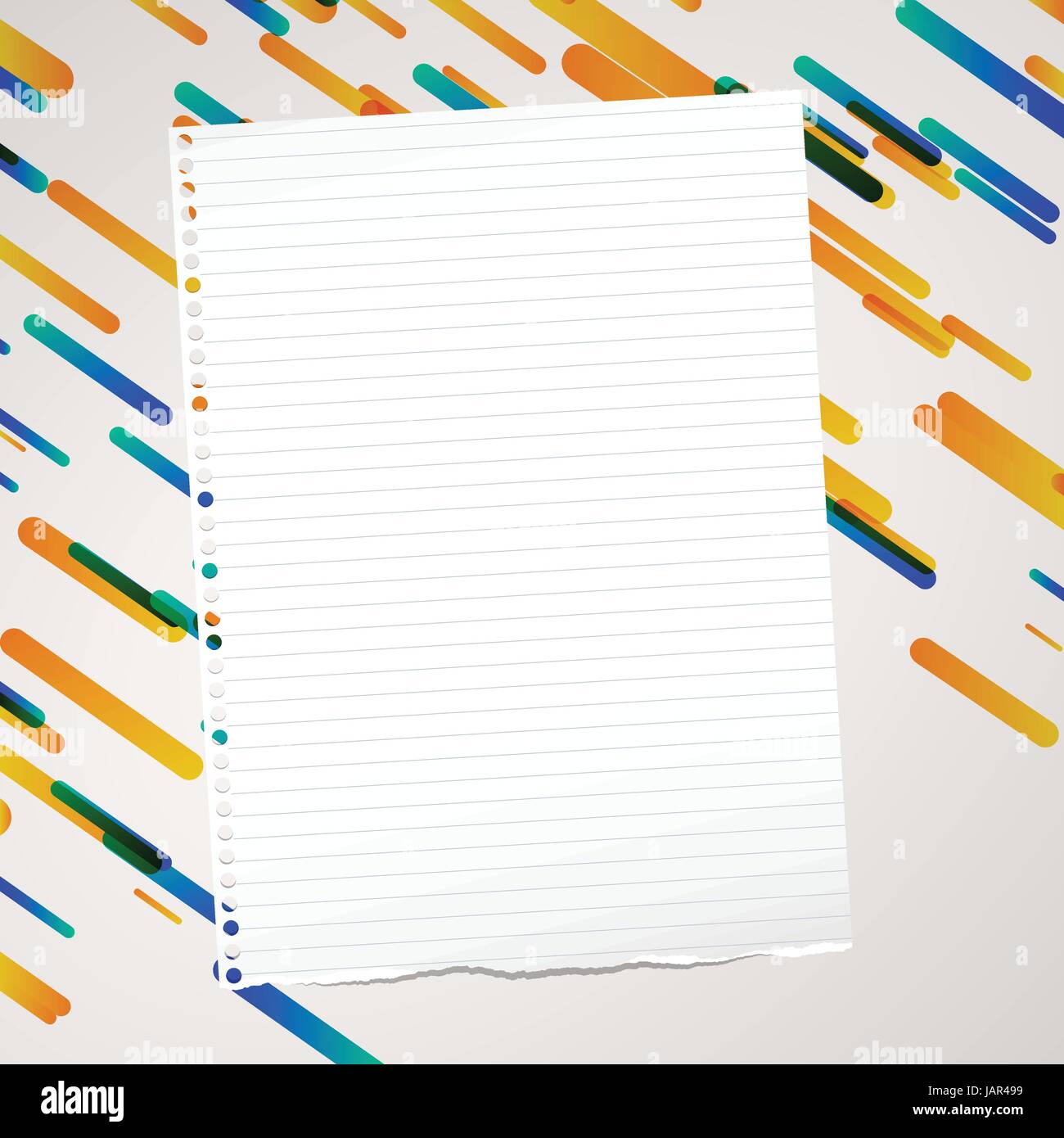 Ripped ruled note, notebook, copybook paper sheet stuck on lined ...