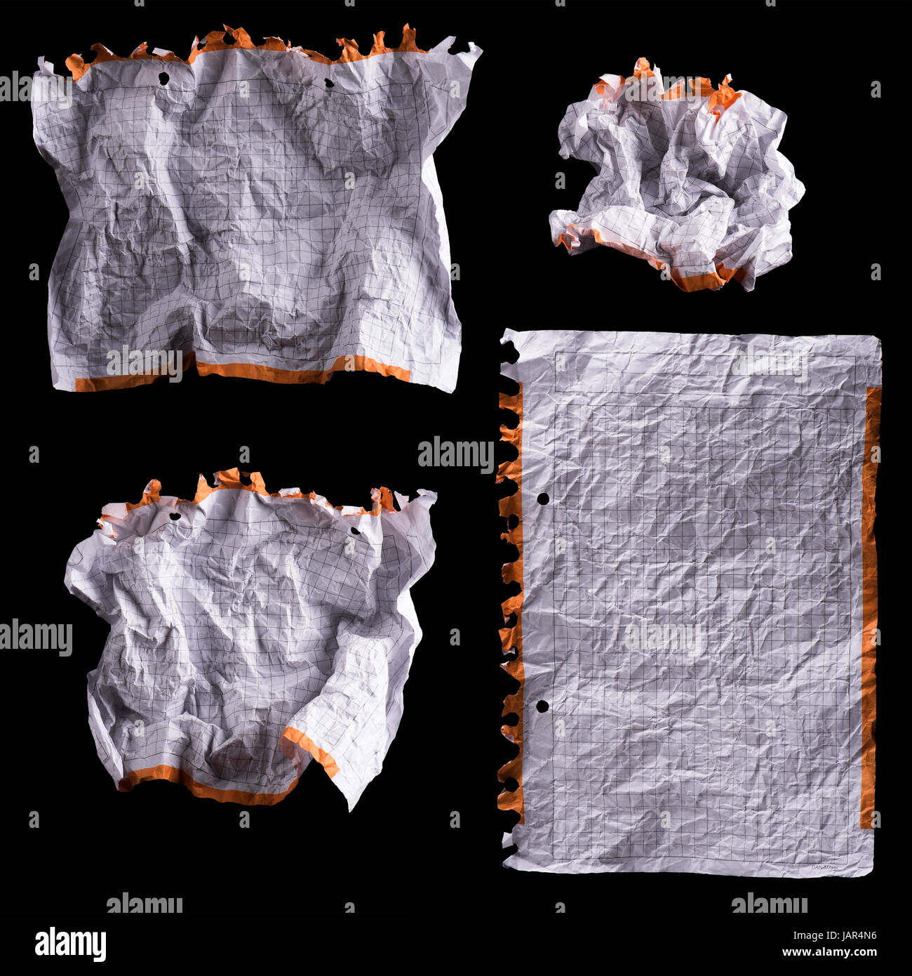 Collection of Crumpled piece of white squared paper exercise book on ...