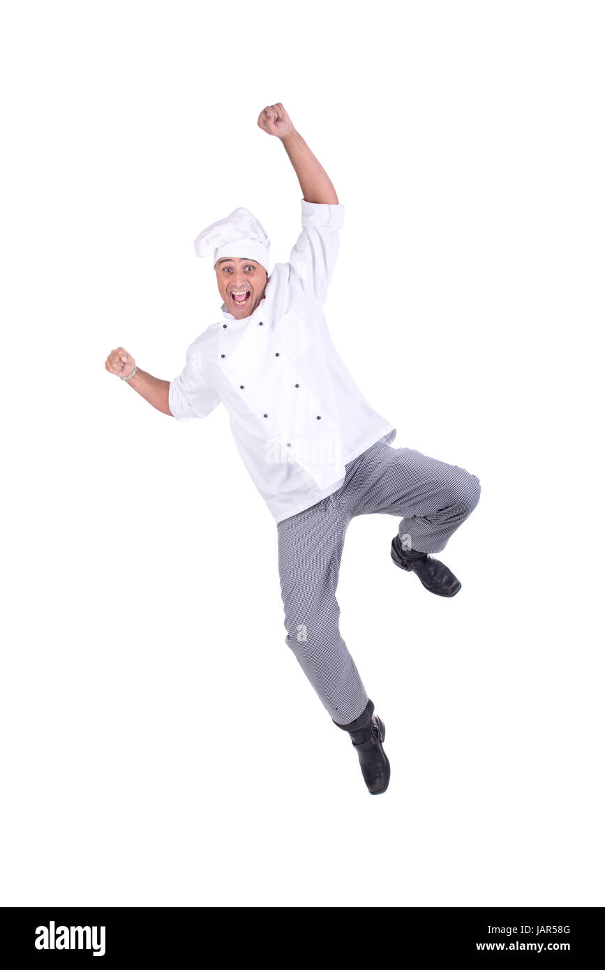 Male chef jumping isolated on white background Stock Photo - Alamy