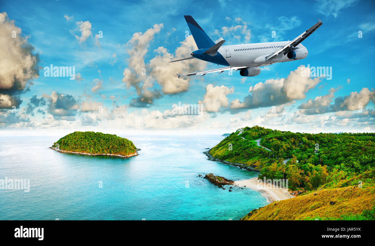 Jet is over the tropical resort in the morning. HDR processed Stock ...