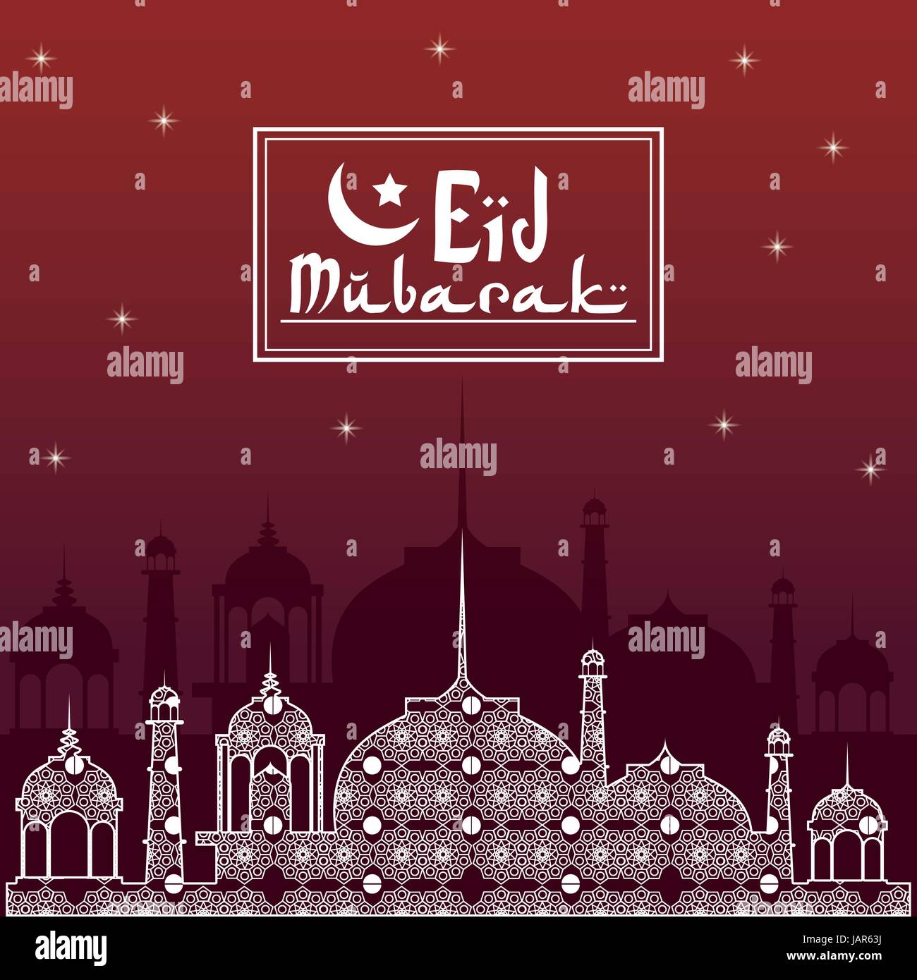 red color starry background with silhouette Eid Mubarak with mosques ...