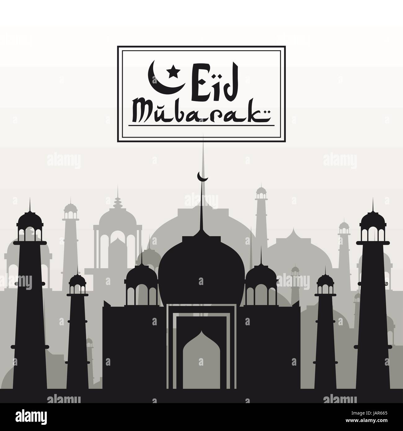monochrome background with silhouette Eid Mubarak with mosque and hand ...