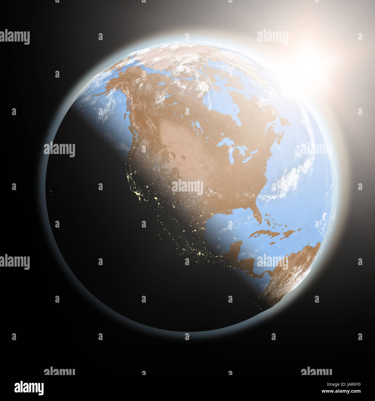 Space view of the sun rising over North America on blue planet Earth ...
