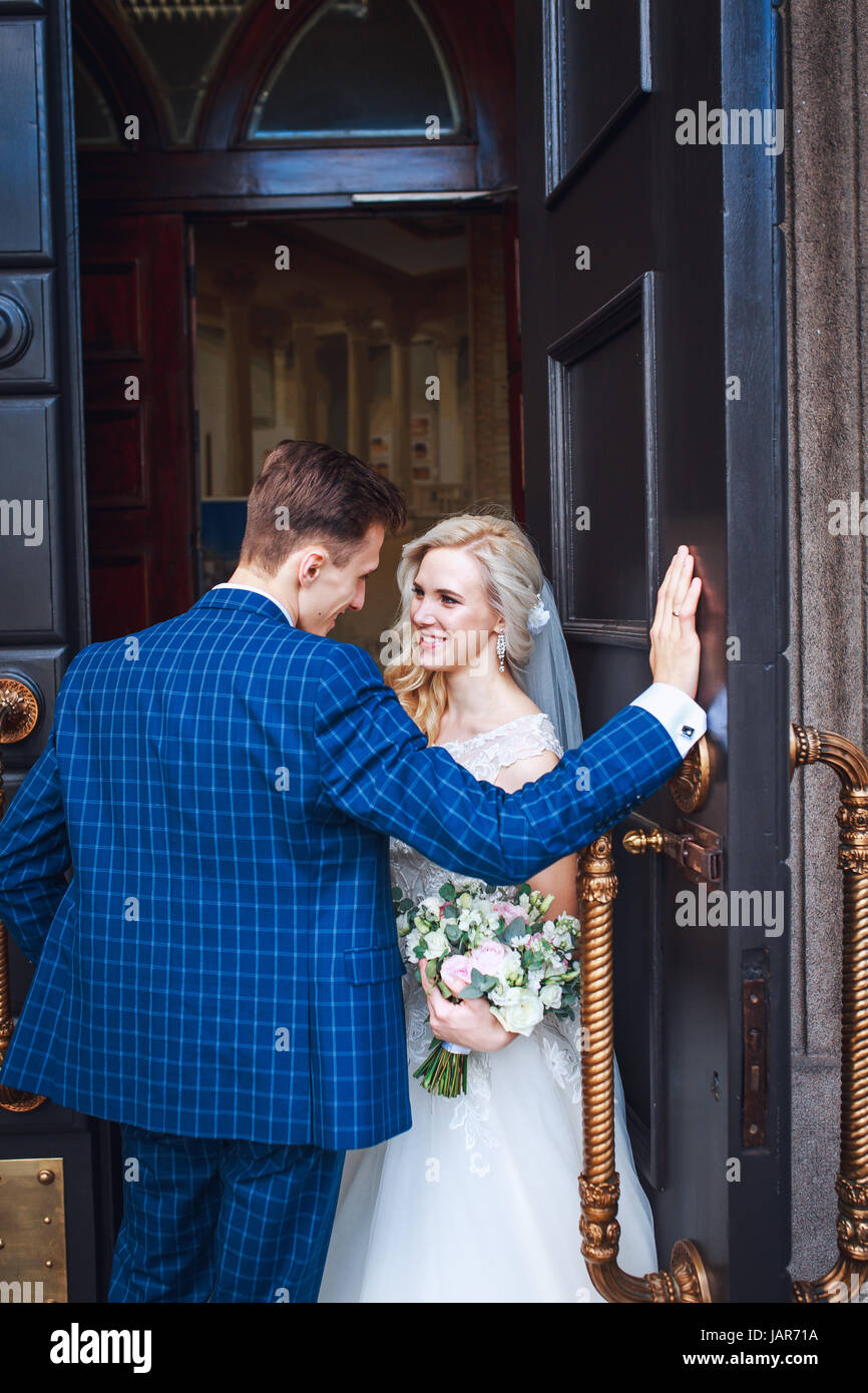 Wedding romantic couple is hugging each other. Beauty bride with groom ...