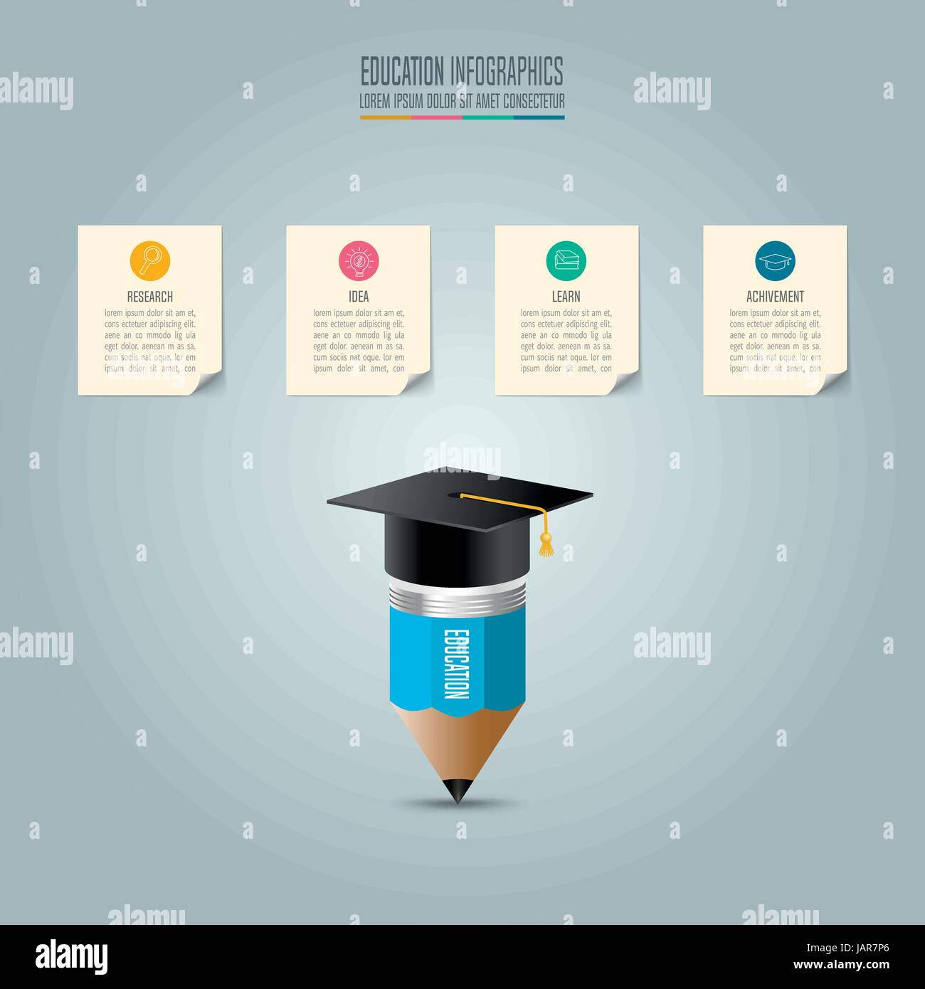 Education infographics template 4 step option. Graduation cap, pencil ...
