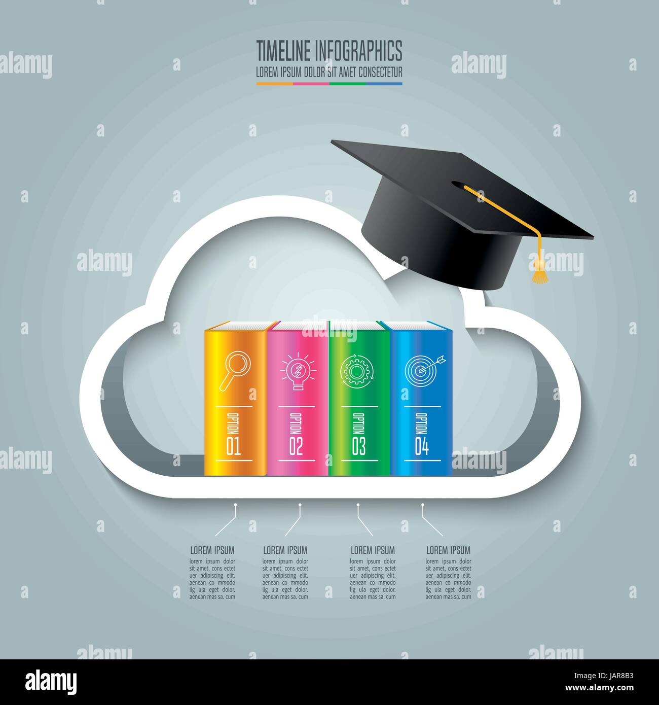Education infographics template 4 step option. Graduation cap on shelf ...