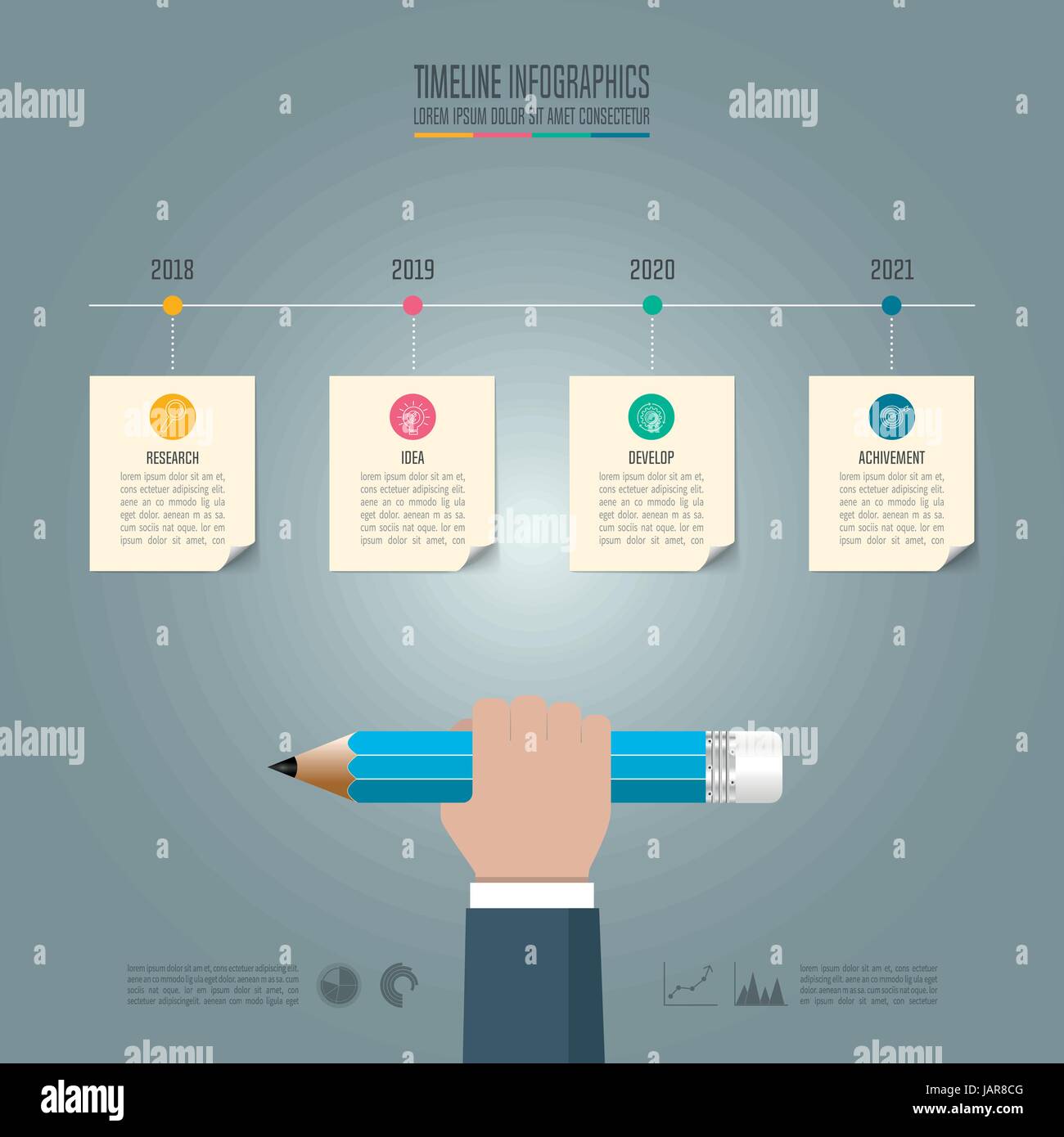 Creative concept for infographic. Hand holding pencil with timeline ...