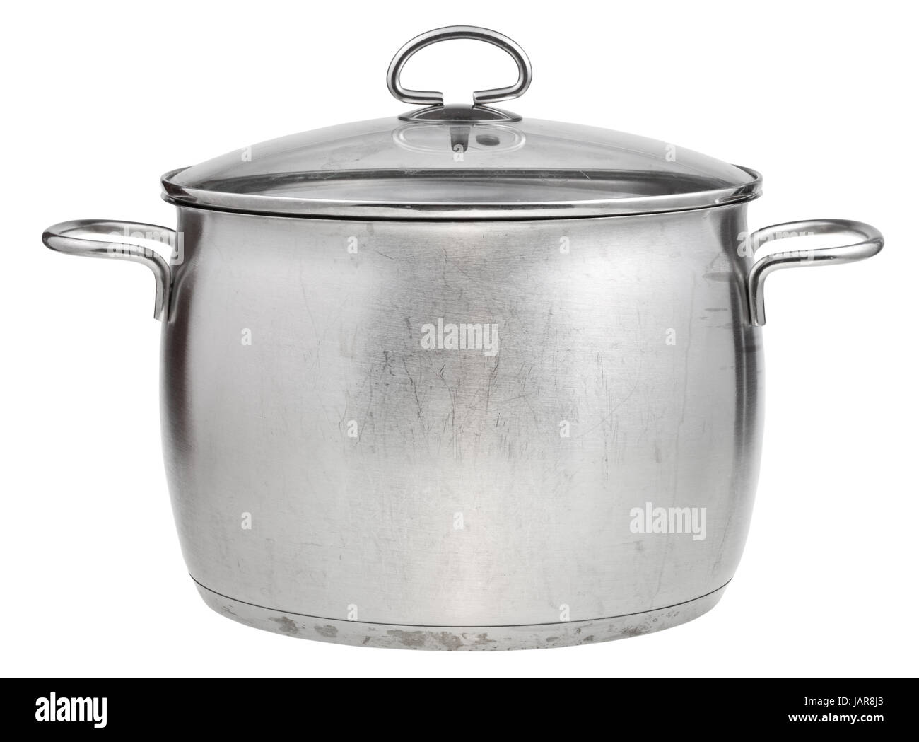 side view of big stainless steel pan covered by glass lid isolated on ...