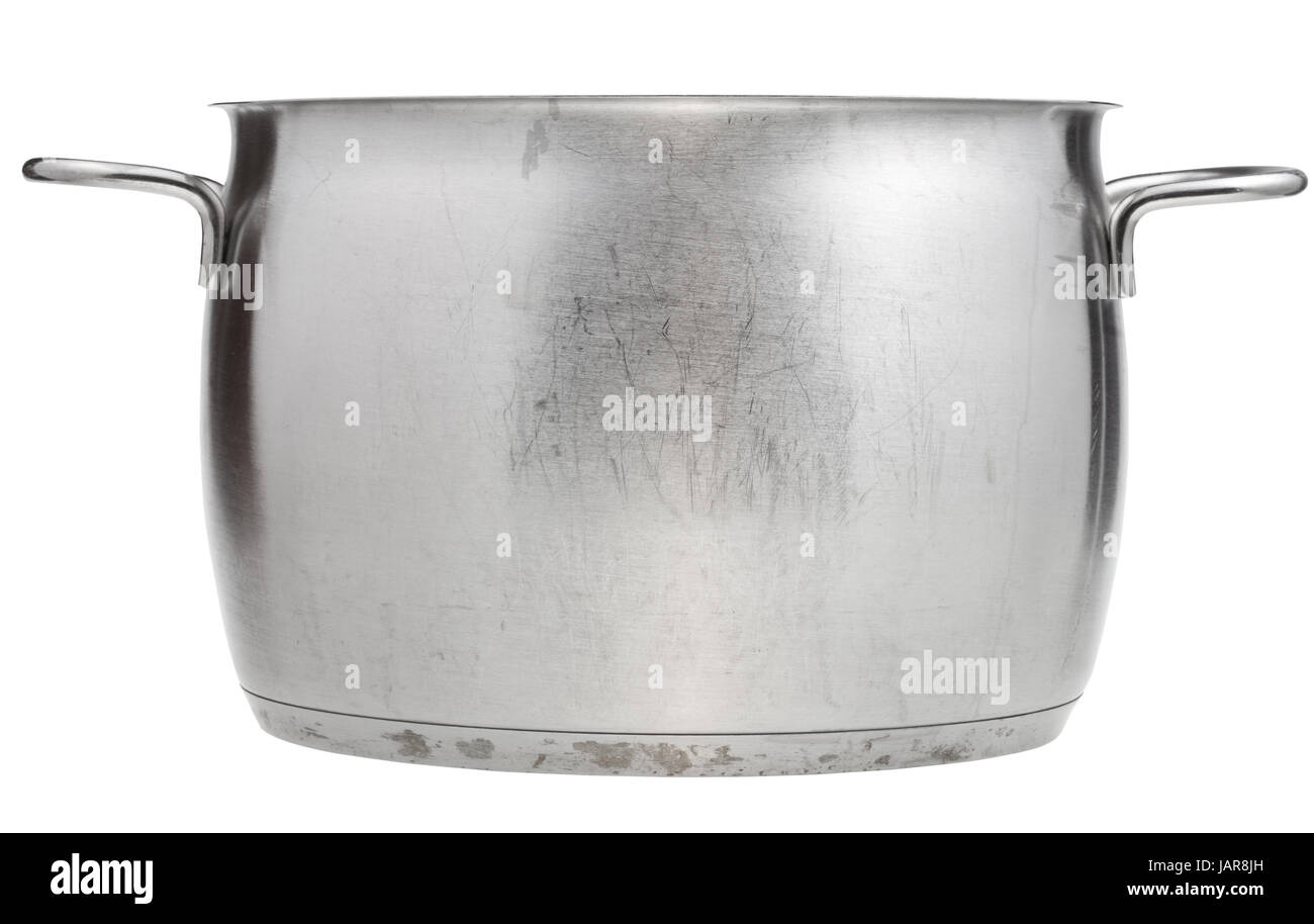 side view of open big stainless steel pan isolated on white background ...