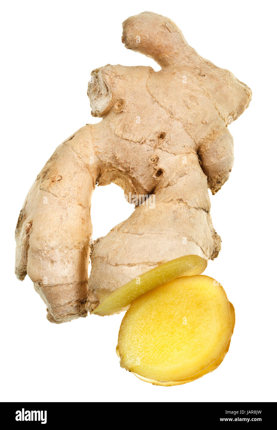 section of fresh ginger root isolated on white background Stock Photo ...