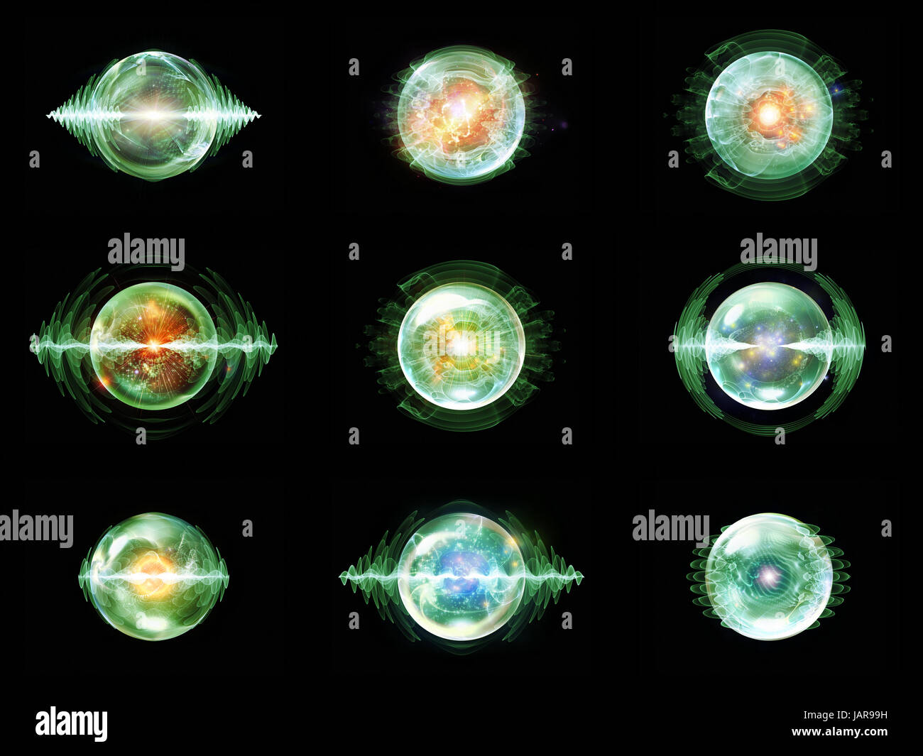 Wave Particle series. Arrangement of glowing orbs of wave energy on the ...