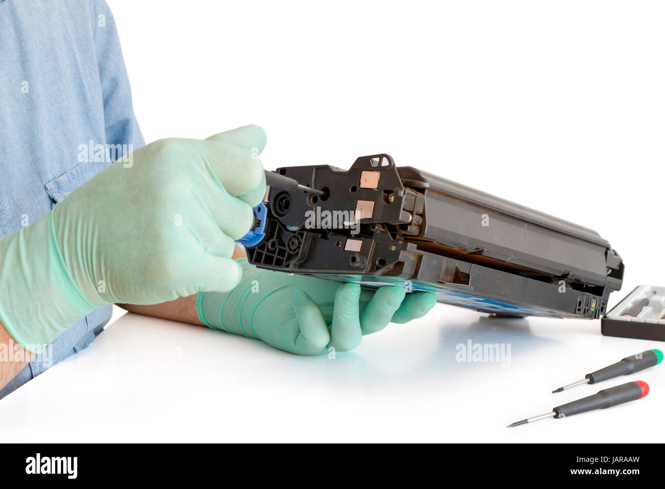 worker Laser printer on a workbench. Printer workshop Stock Photo - Alamy