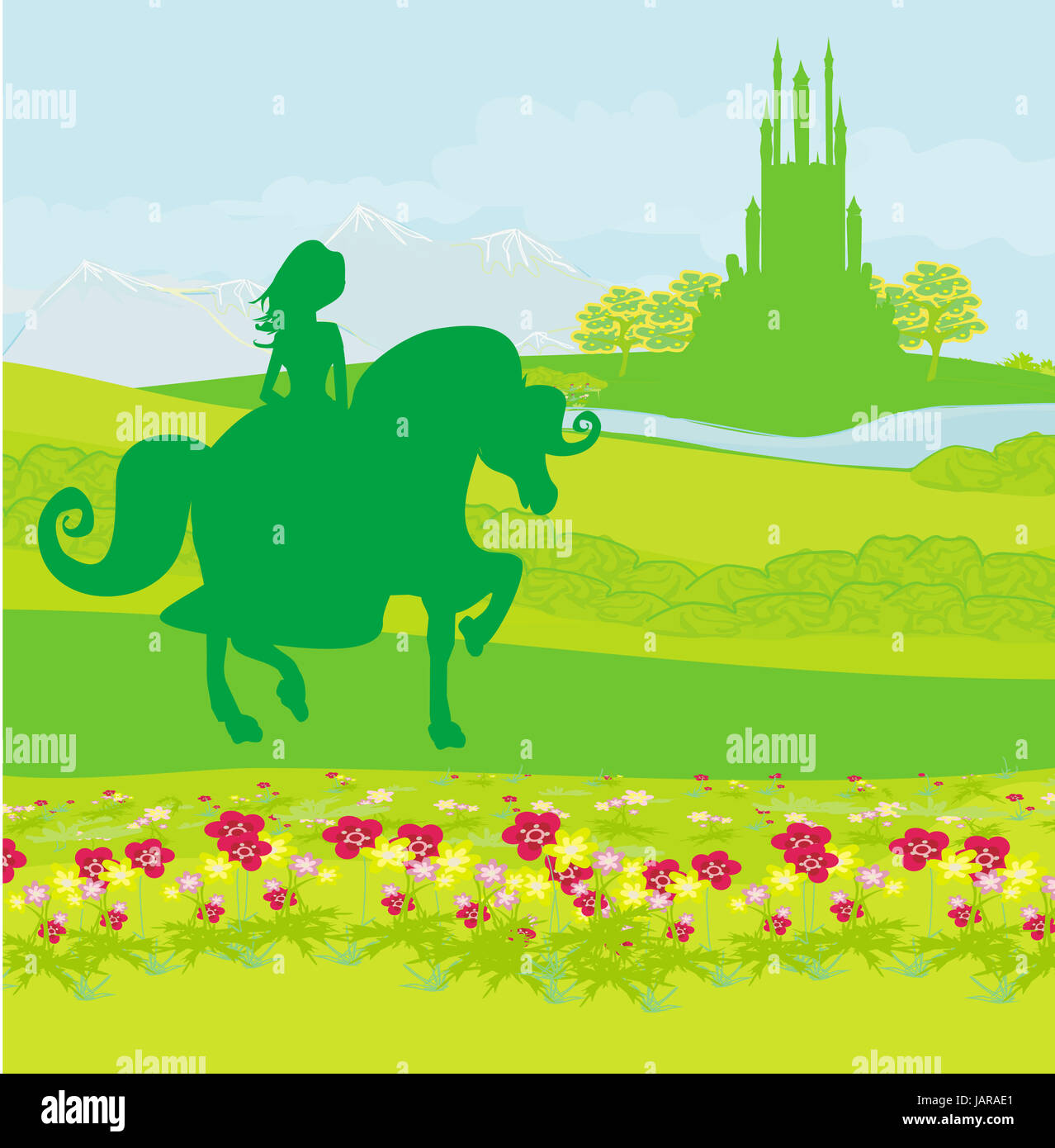 princess riding a horse into the castle Stock Photo - Alamy