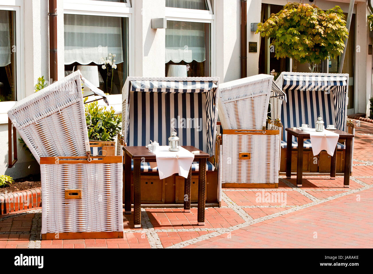 Restaurant terrace with beach chairs in northern of Germany Stock Photo ...