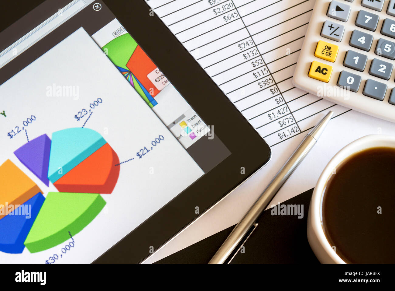 Modern workplace with digital tablet showing charts and diagram on ...