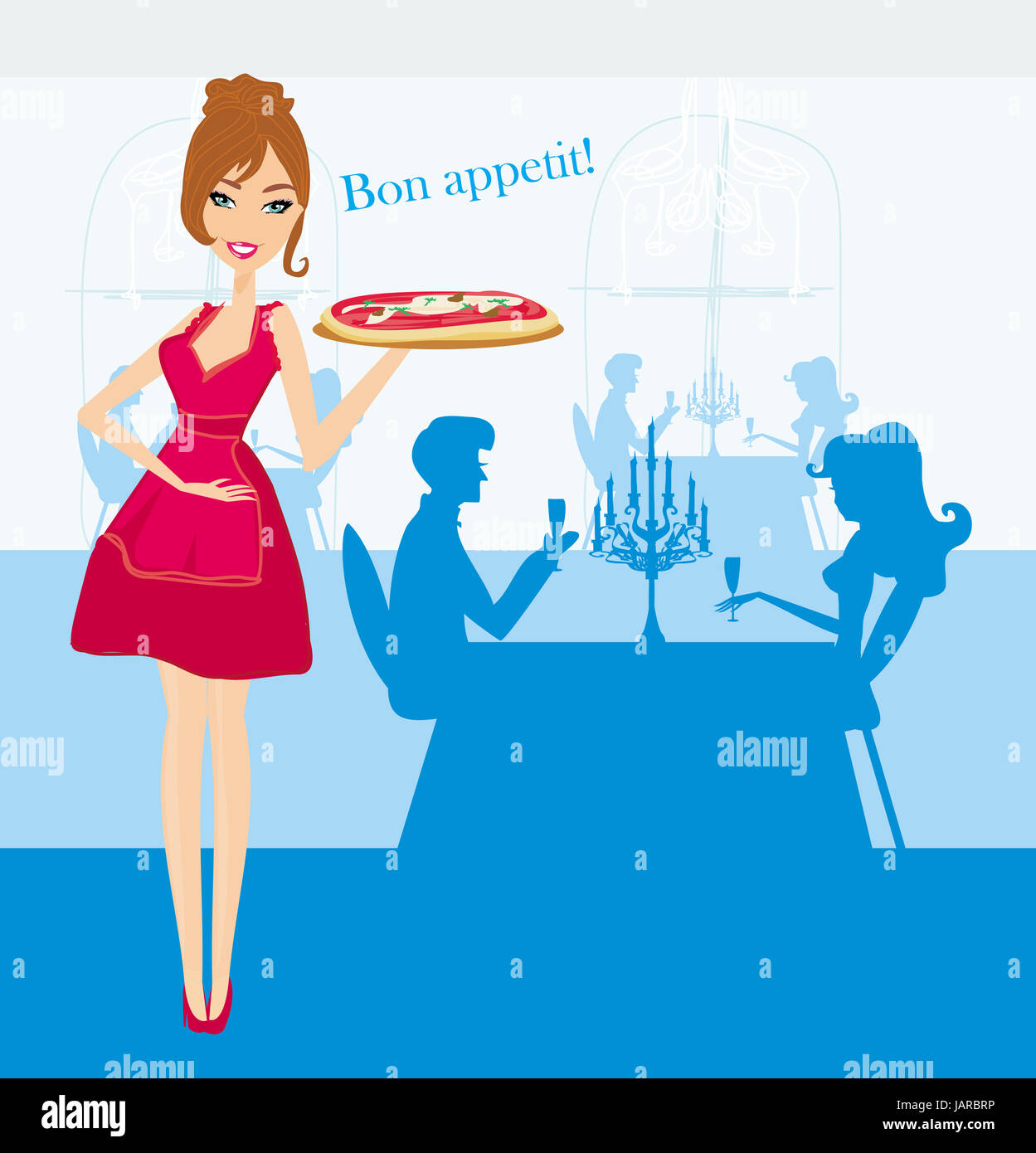 smiling waitress serving pizza Stock Photo - Alamy