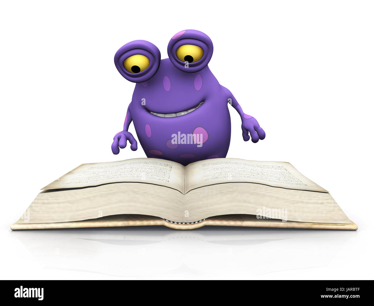 A cute charming cartoon monster sitting on the floor and reading a big ...