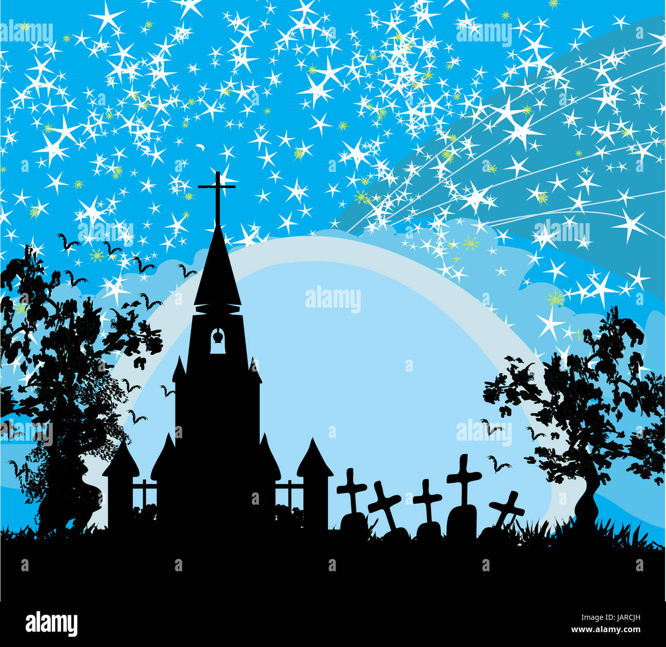 Halloween background with a church and Cemetery Stock Photo - Alamy