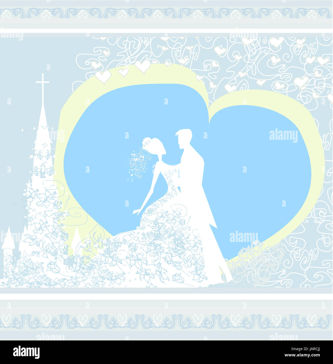 wedding couple and the church background Stock Photo - Alamy