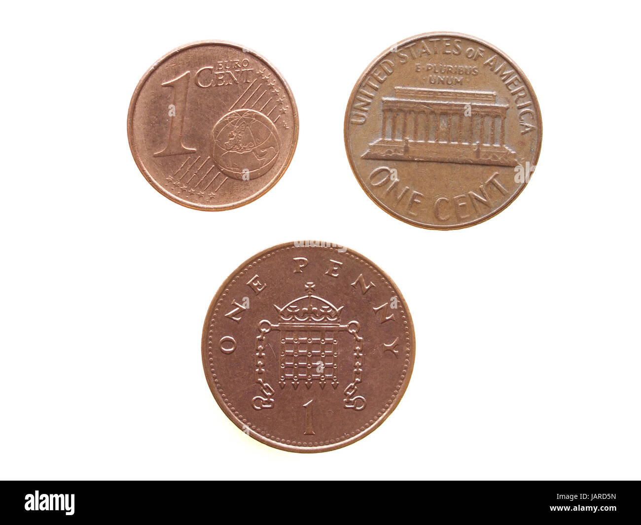 One Euro cent One Dollar cent One Penny coins Stock Photo - Alamy