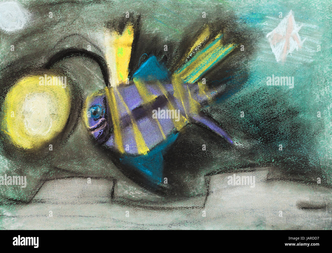 children drawing - fish with flashlight on his head in underwater world ...