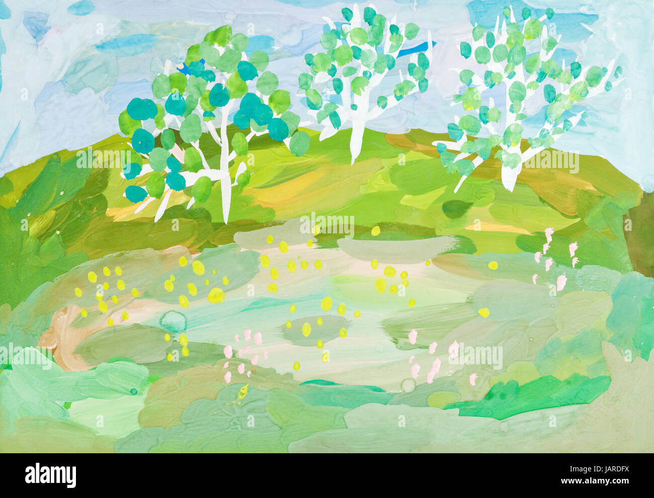 children drawing - autumn landscape with three trees on green hill ...
