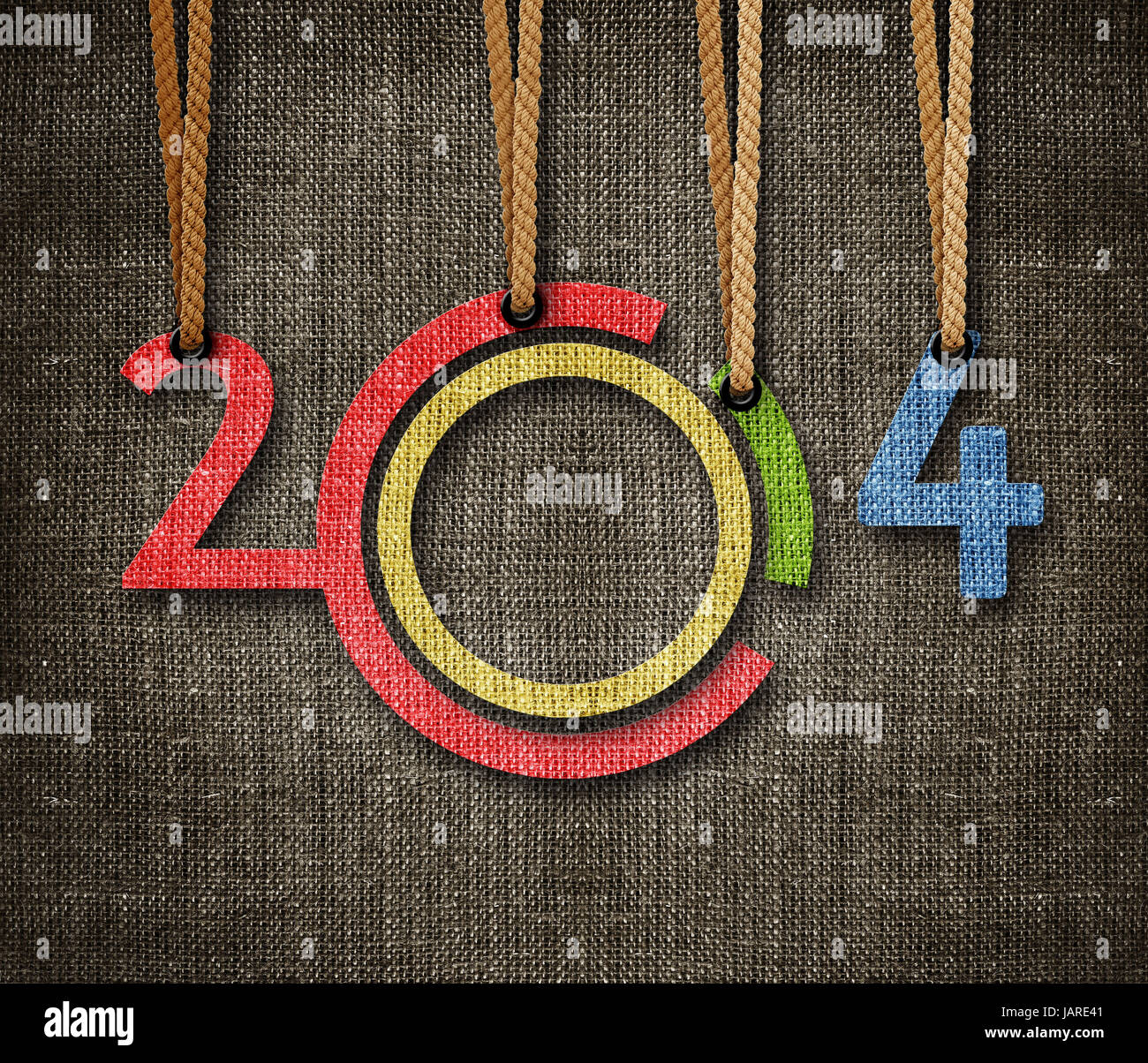 Happy New year 2014, numbers hunging by rope as puppeteer on sackcloth ...