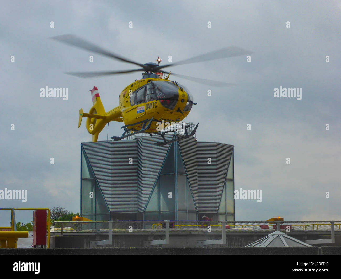 rescue helicopter above the helipad of Allgemeines Krankenhaus (AKH ...