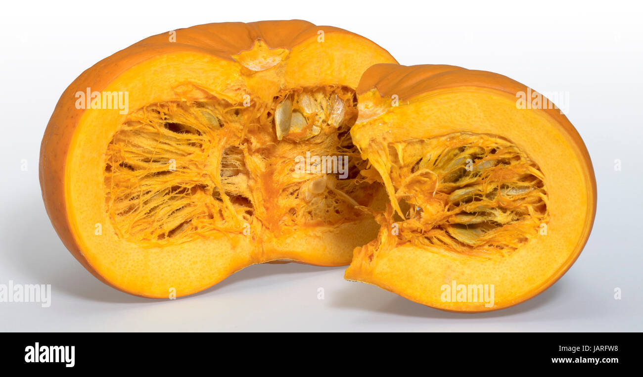 open orange punpkin and slice in light back Stock Photo - Alamy