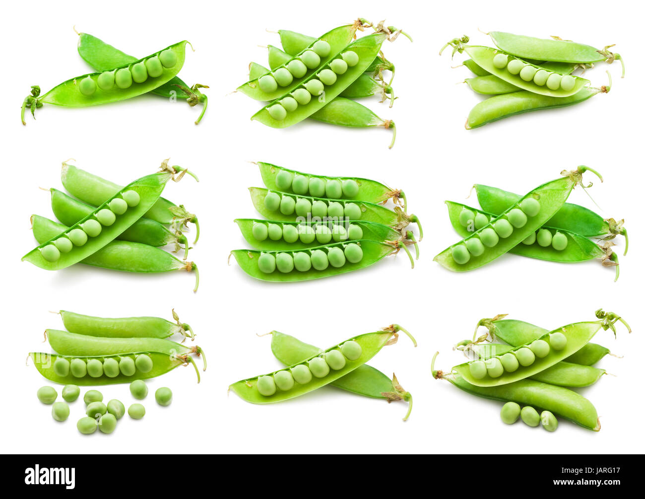 Collection of fresh green peas isolated on white background Stock Photo ...