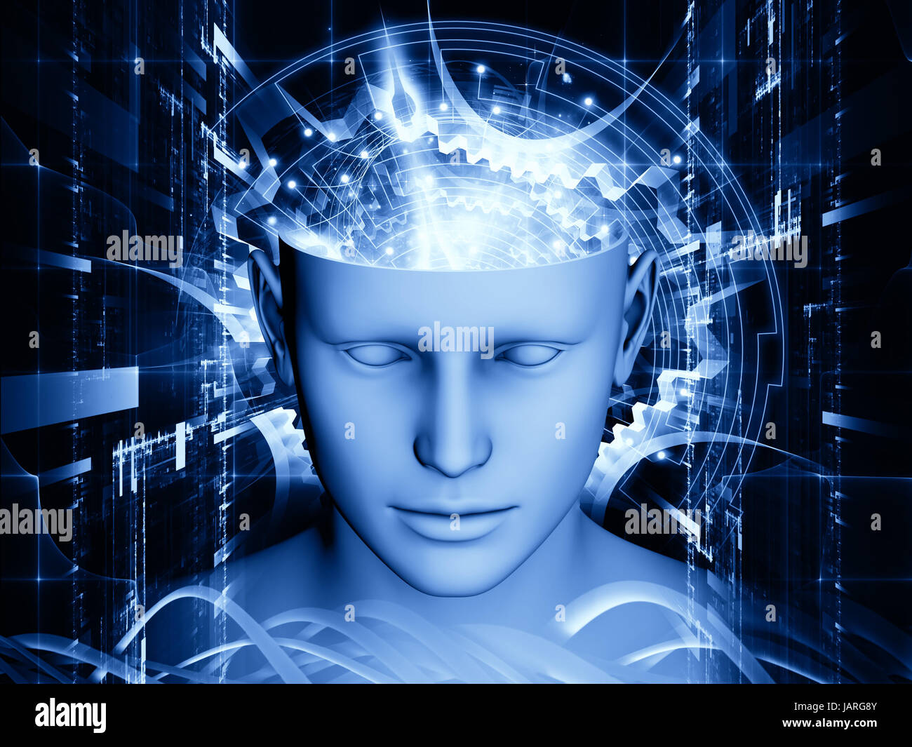 Design made of human head and symbolic elements to serve as backdrop ...