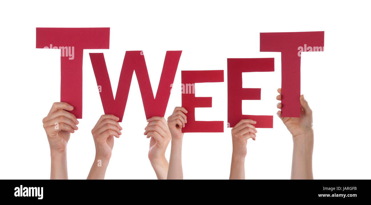 Many Hands Holding the Red Word Tweet, Isolated Stock Photo - Alamy