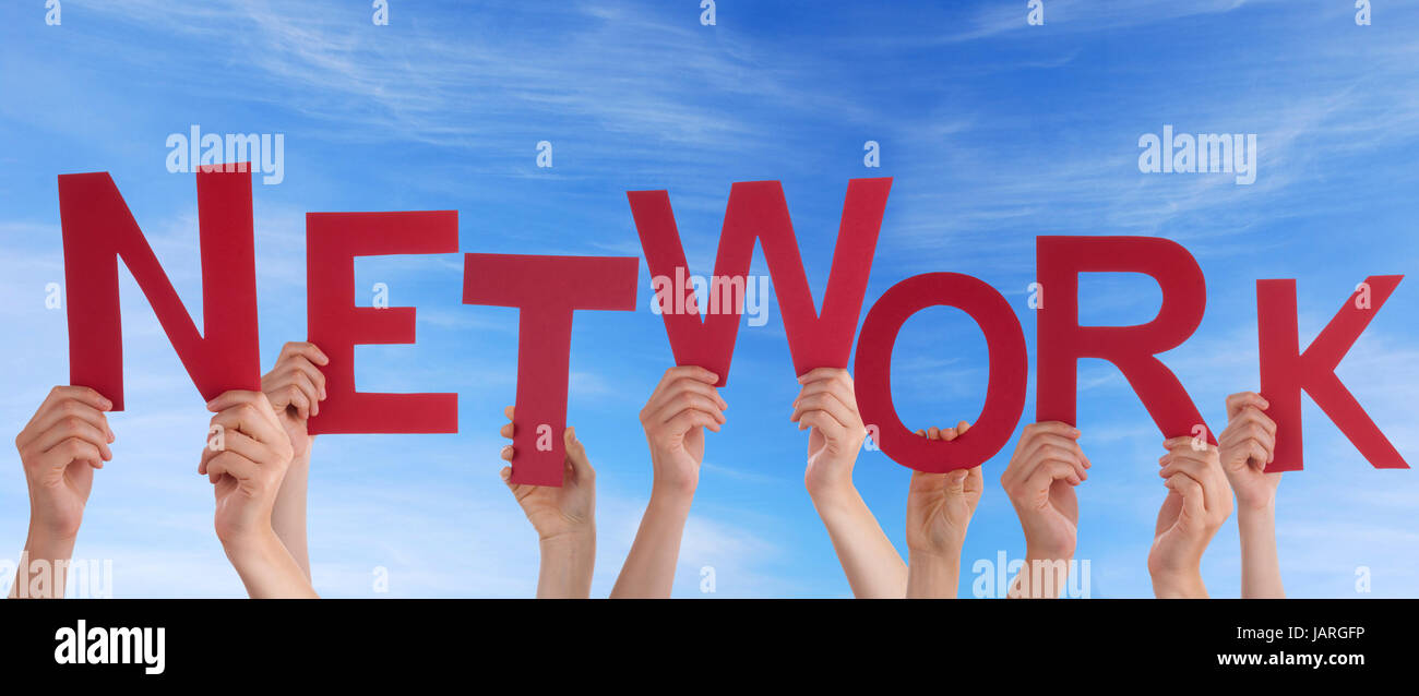 Many Hands Holding the Word Network in the Sky Stock Photo - Alamy