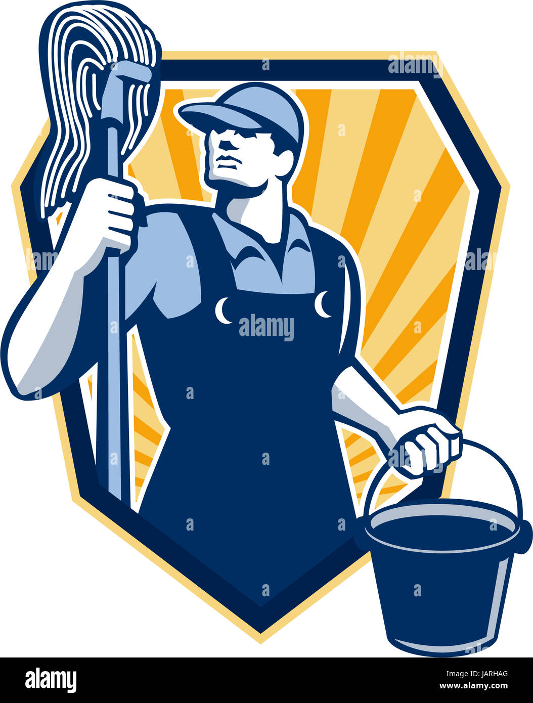 Illustration of a janitor cleaner worker holding mop and water bucket ...