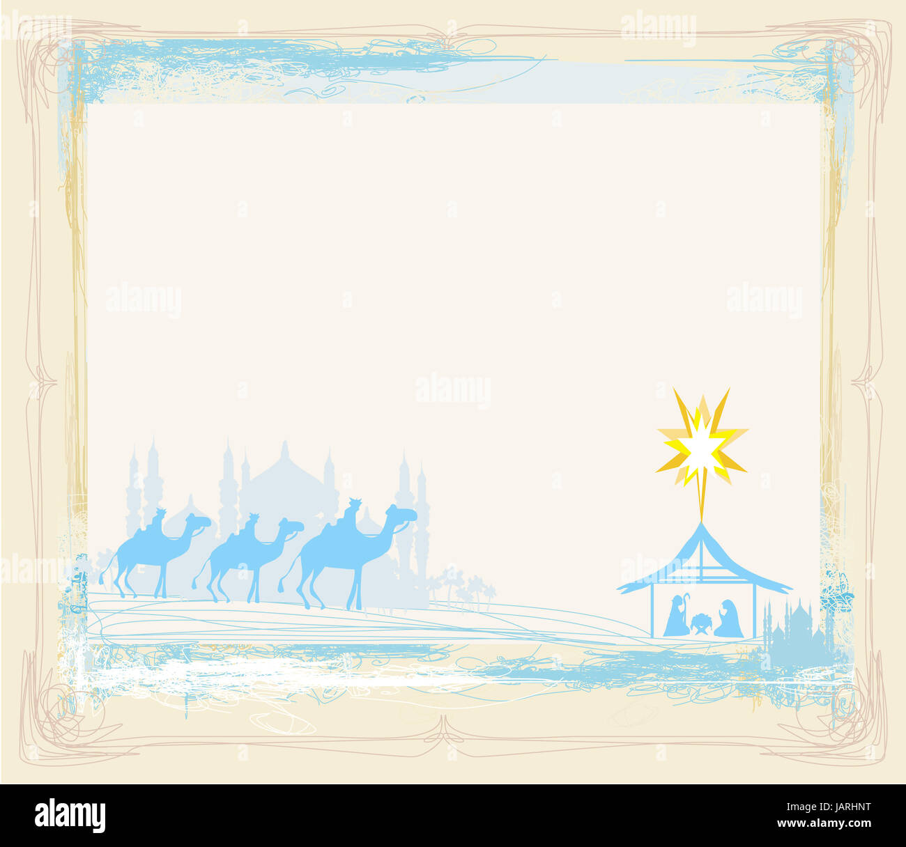 grunge frame with traditional Christian Christmas Nativity scene with ...