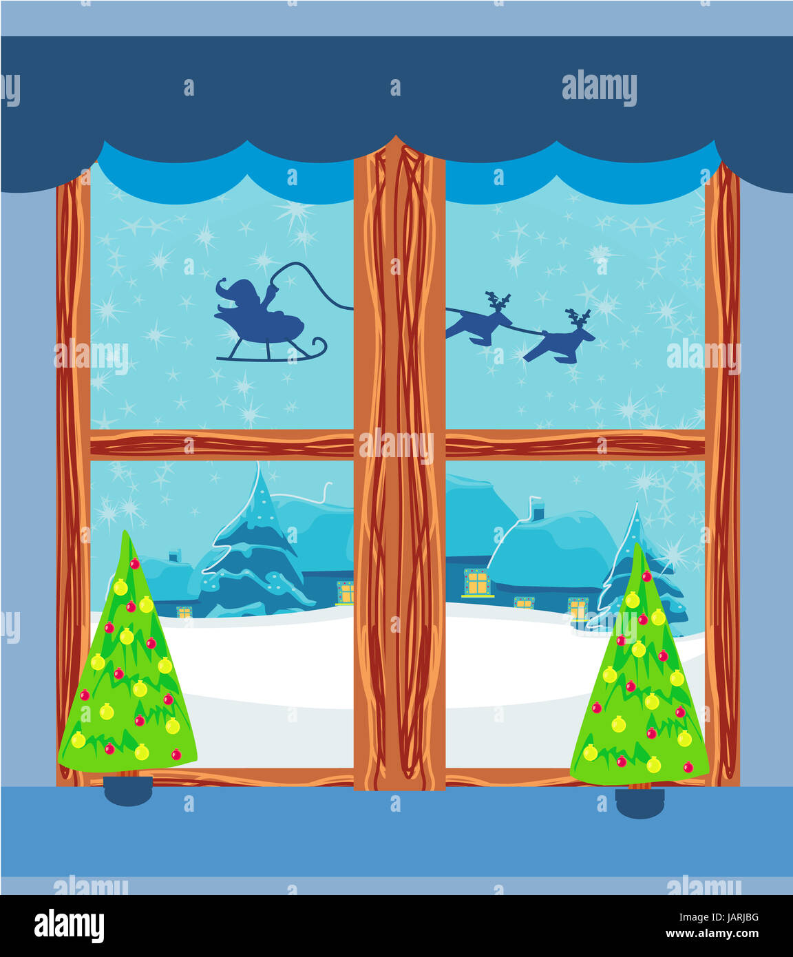 Winter landscape with reindeer, houses and Santa Stock Photo - Alamy