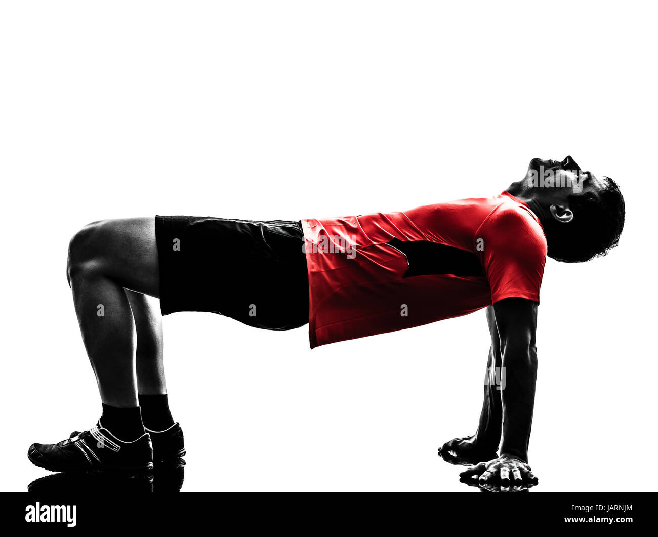 one man exercising fitness workout in silhouette on white background ...