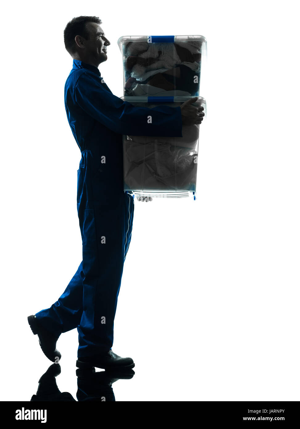 removal man with boxes silhouette worker silhouette in studio on white ...