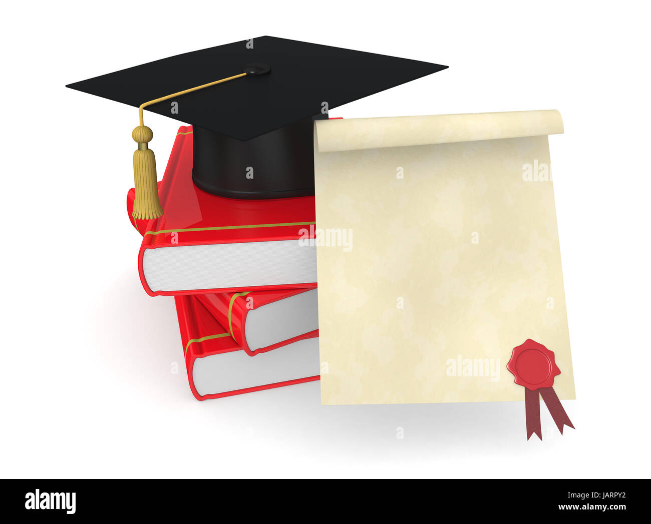 one academic hat or mortarboard with a stack of books and a parchment ...