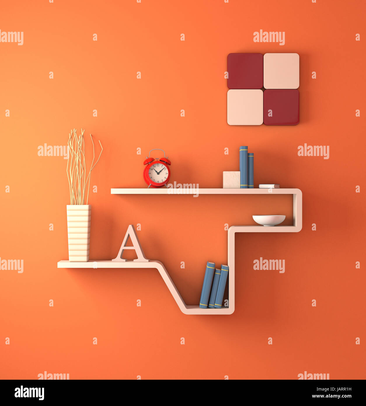 one modern bookshelf on an orange wall (3d render Stock Photo - Alamy