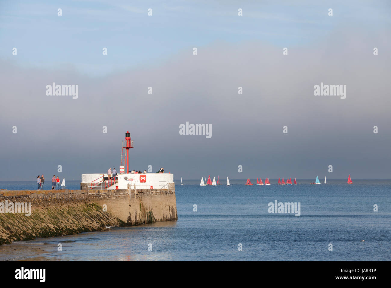 A flotilla of small dinghies with colourful sails under the sea mist ...