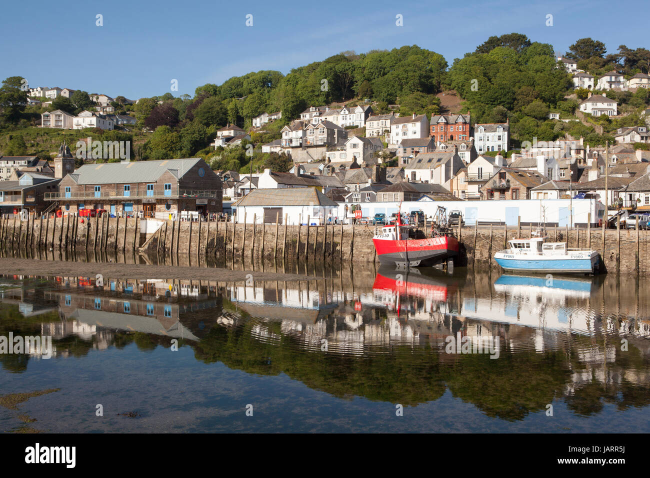 View across the river of the town and fish market at Looe, Cornwall ...