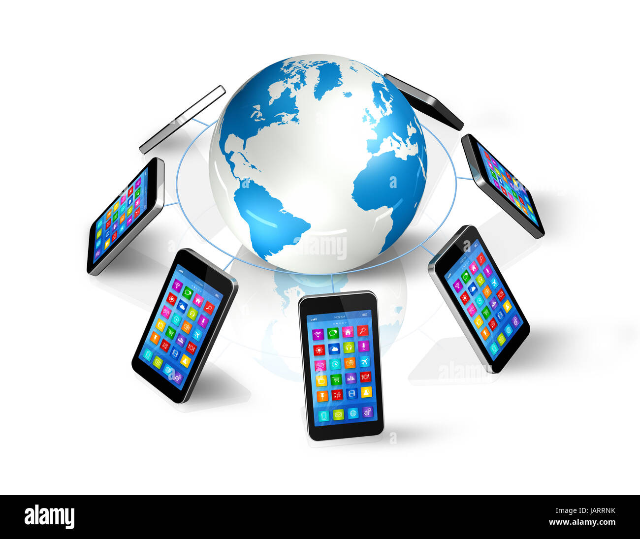 3D Smartphones Around World Globe, isolated on white - Global ...