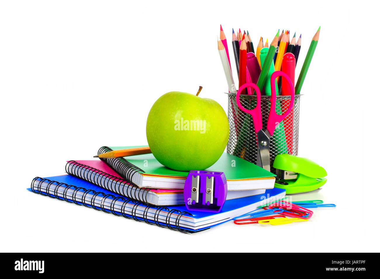 Collection of colorful school supplies over a white background Stock ...