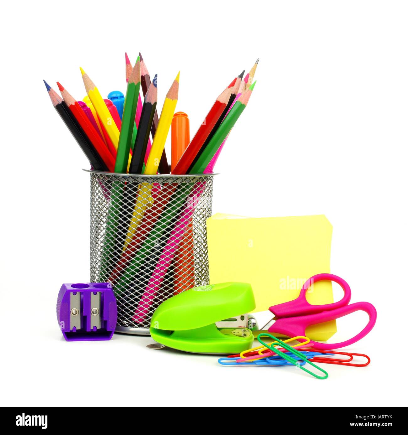 Group of colorful school supplies over a white background Stock Photo ...