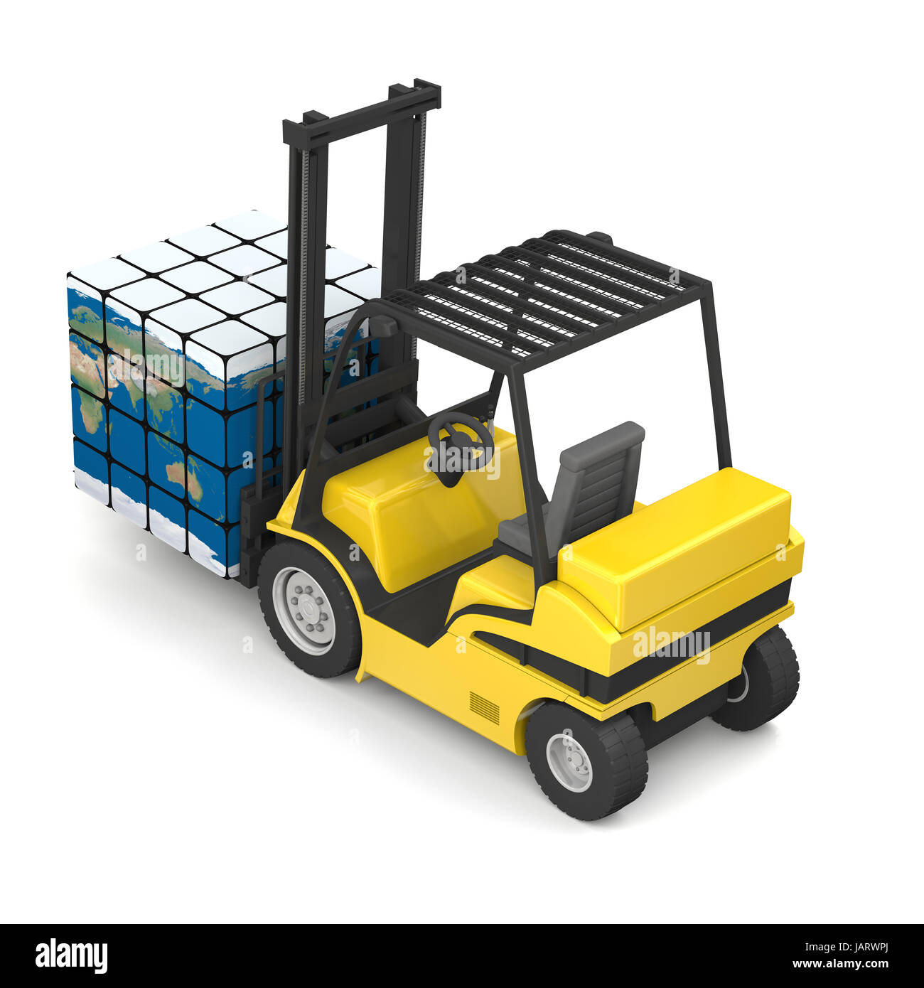Concept of global transportation, modern yellow forklift carrying ...