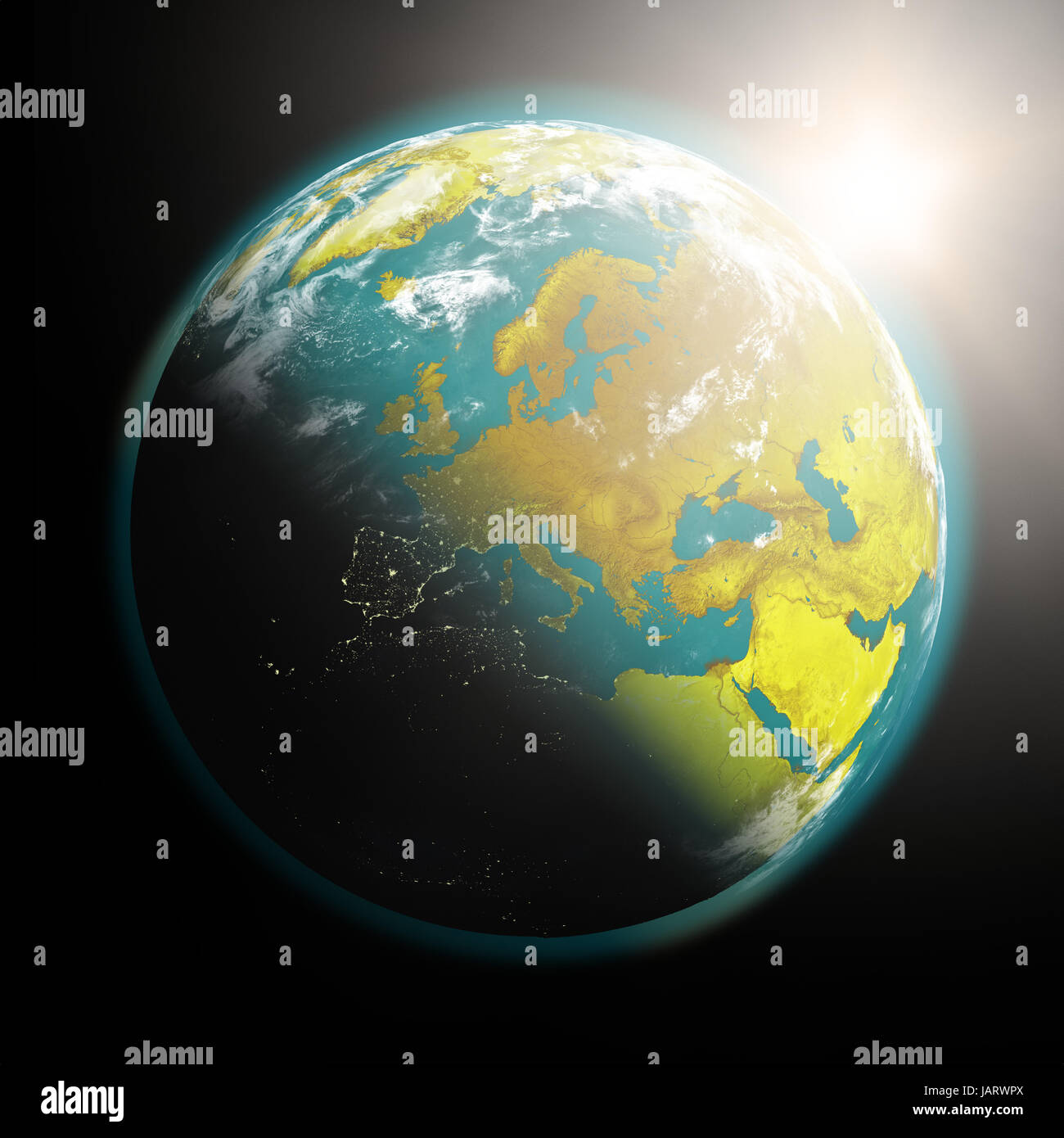 Space view of the sun rising over Europe on planet Earth. Elements of ...