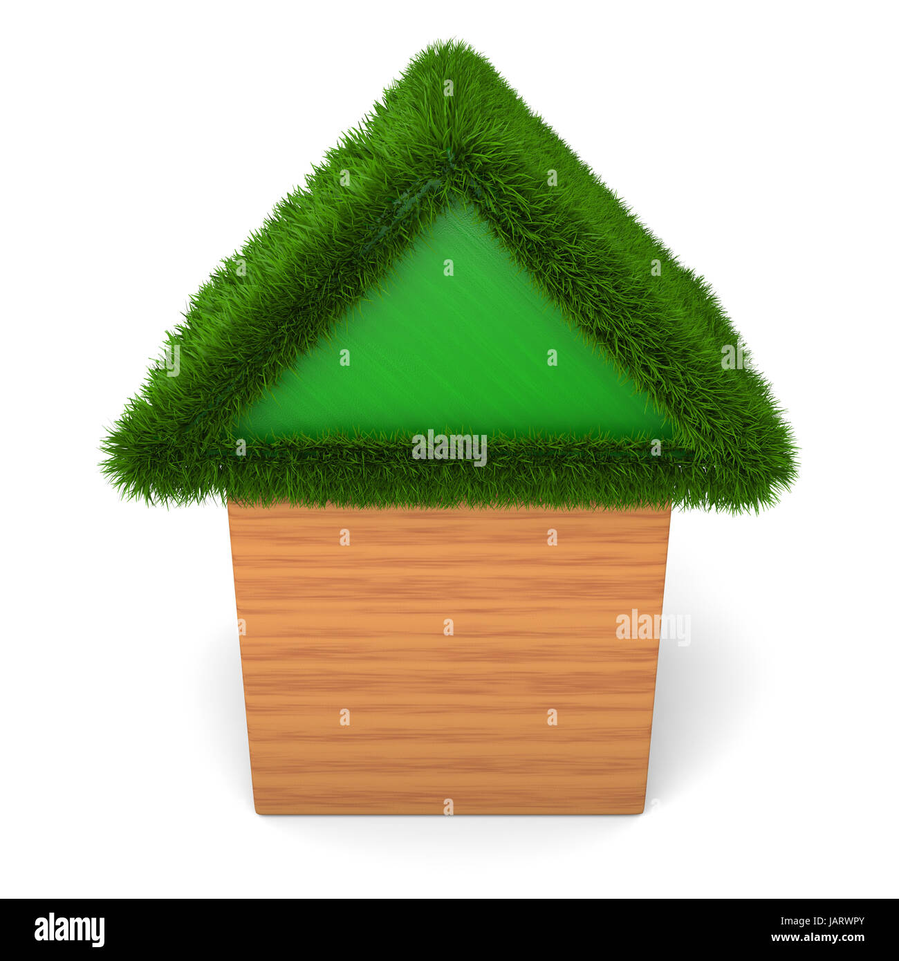House with green roof made of wooden cubes isolated on white background ...