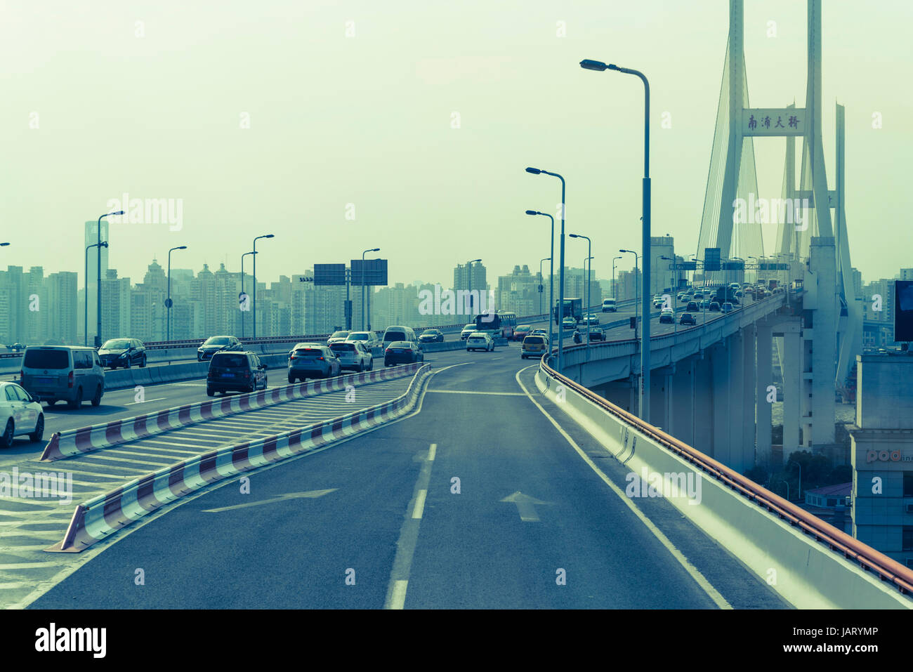 Nanpu Bridge, a cable-stayed bridge with semi-fan system and steel ...