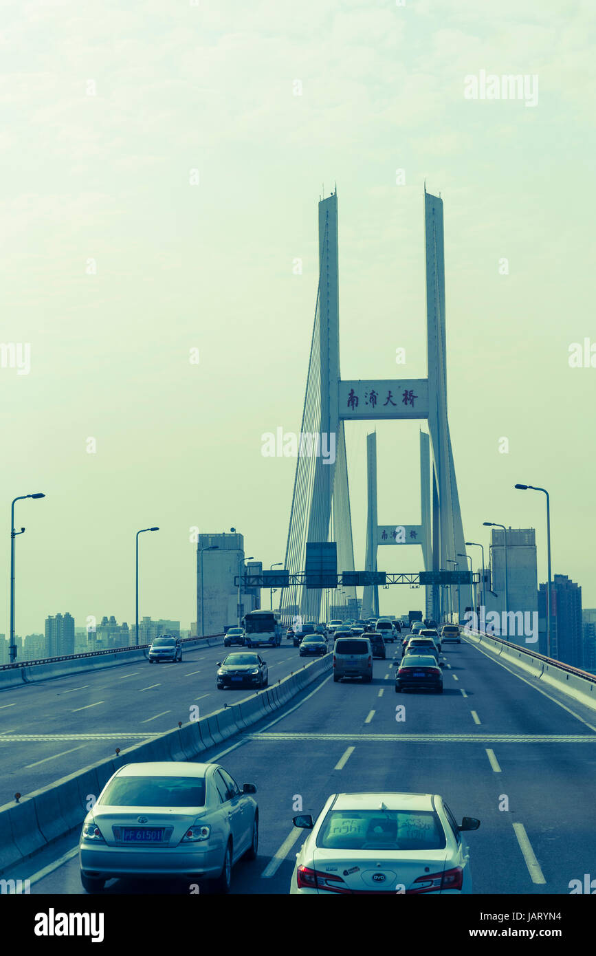 Nanpu Bridge, a cable-stayed bridge with semi-fan system and steel ...